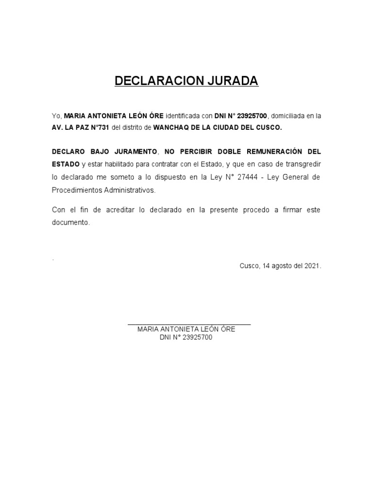 Modelo Declaraciã N Jurada No Percibir Doble Remuneraciã N Del 5877