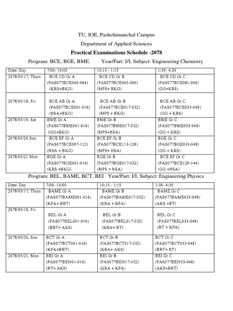 Practical Exam Schedule for Engineering Programs | PDF | Engineering