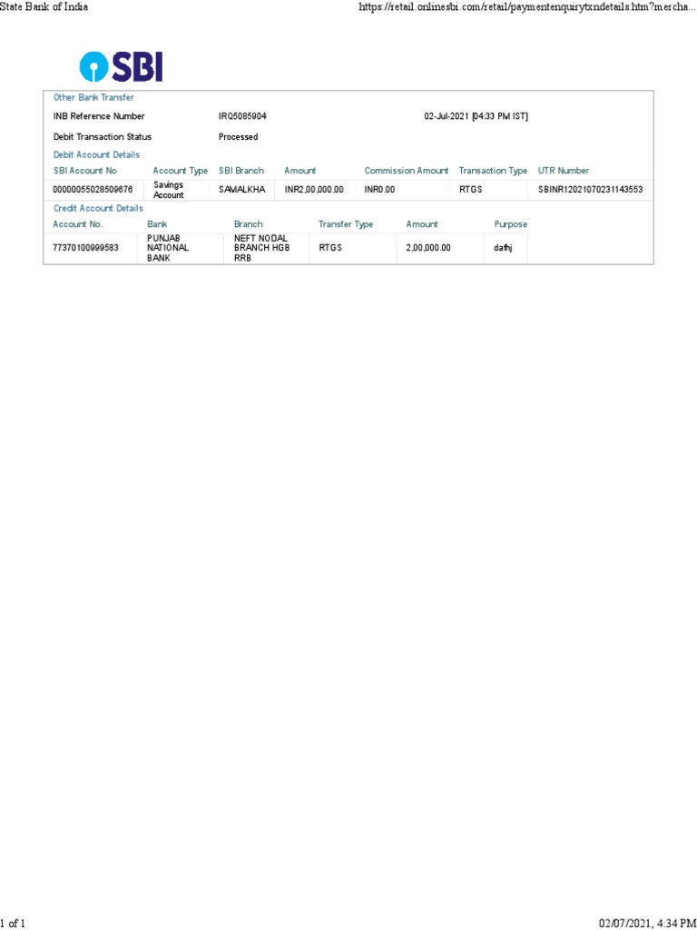 INB Reference Number Debit Transaction Status: IRQ5085904 02-Jul-2021 ...