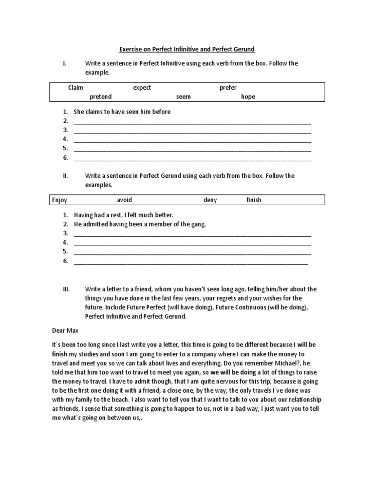 Exercise On Perfect Infinitive and Perfect Gerund | PDF | Verb