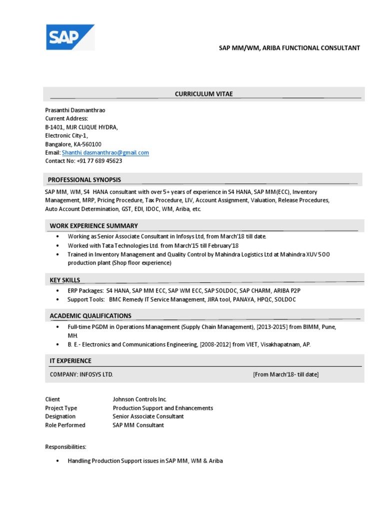 Curriculum Vitae: Sap MM/WM, Ariba Functional Consultant | PDF ...