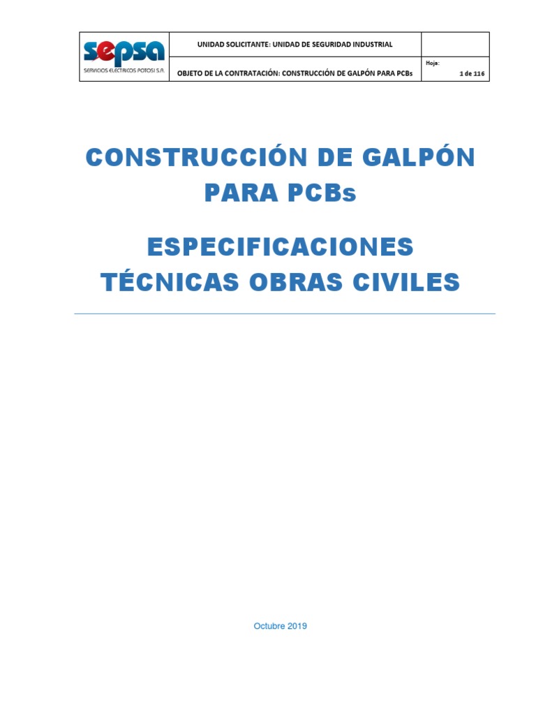 Construcción de Galpón para Pcbs Especificaciones Técnicas Obras Civiles | PDF | Hormigón | Cemento