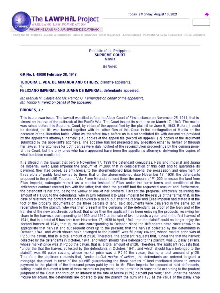 Miranda Vs Imperial GR L 49090 77 Phil 1066 | PDF | Lawsuit | Interest