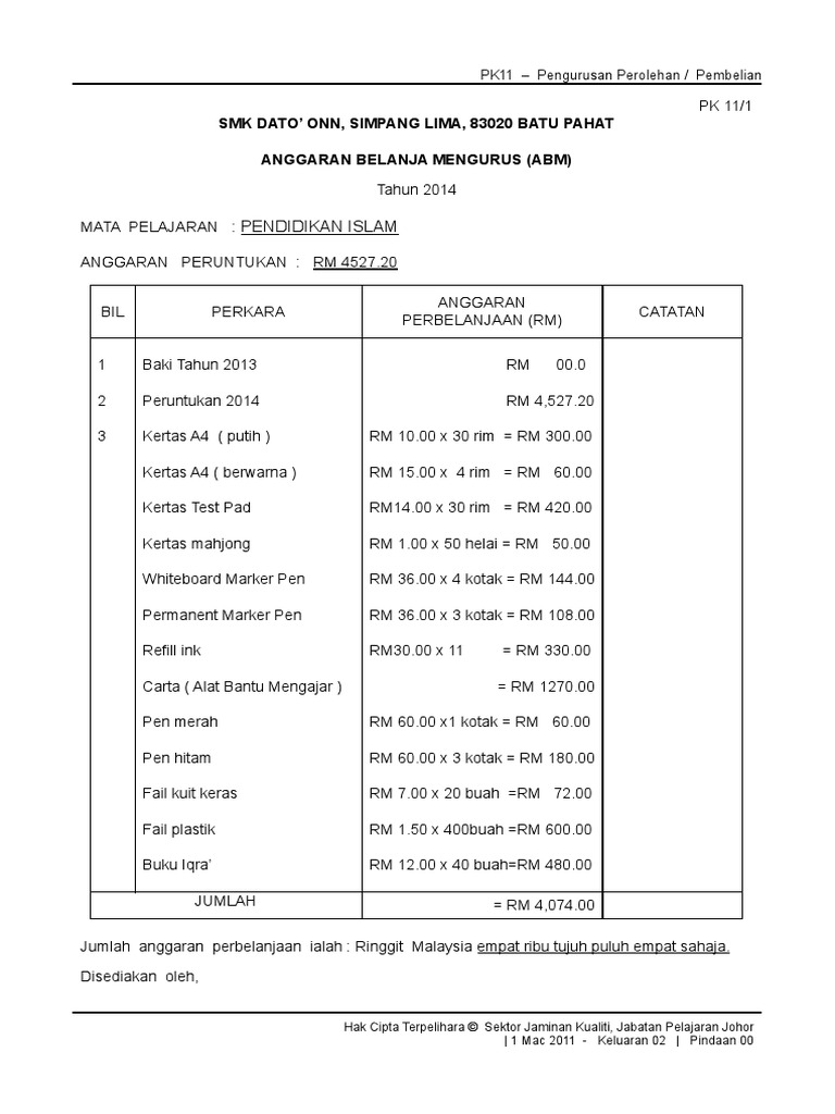 Borang PK 11 1 Anggaran Perbelanjaan | PDF