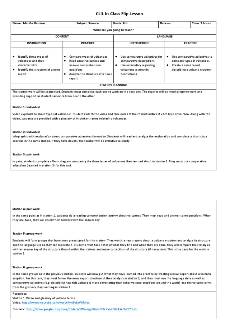 CLIL Lesson Plan Volcanoes | PDF | Reading Comprehension | Volcano