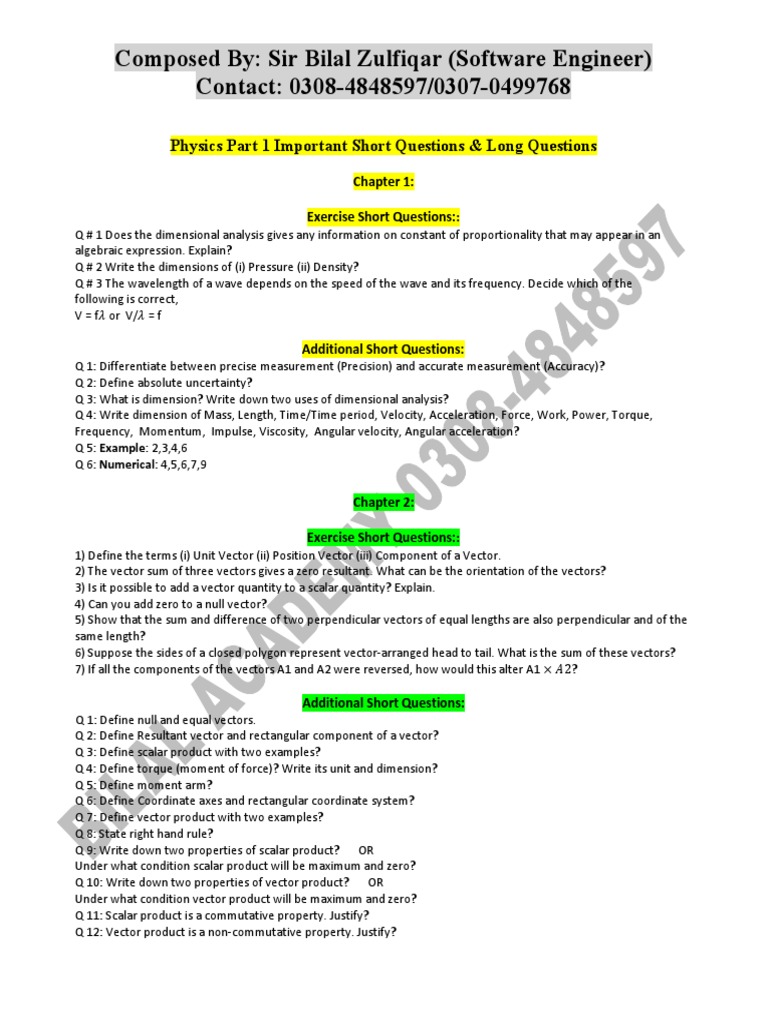 Important Physics Concepts and Questions for Chapter Review | PDF ...