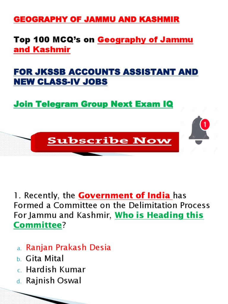 Top 100 MCQ On Geography of Jammu and Kashmir | PDF