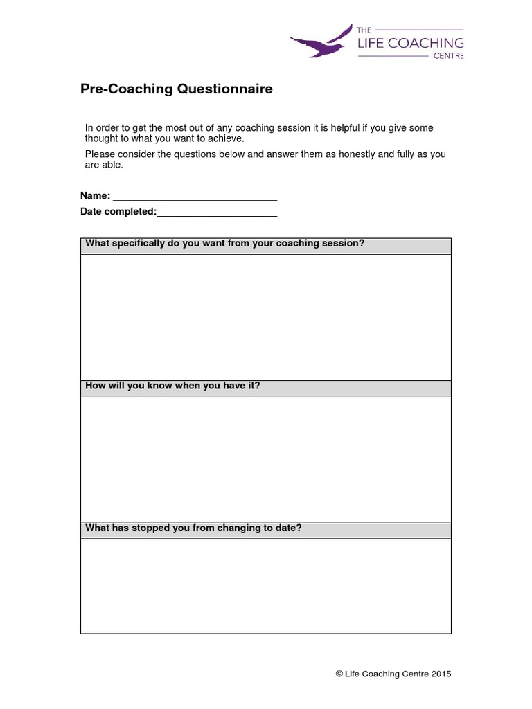 Pre Coaching Questionnaire Life Coaching Centre | PDF