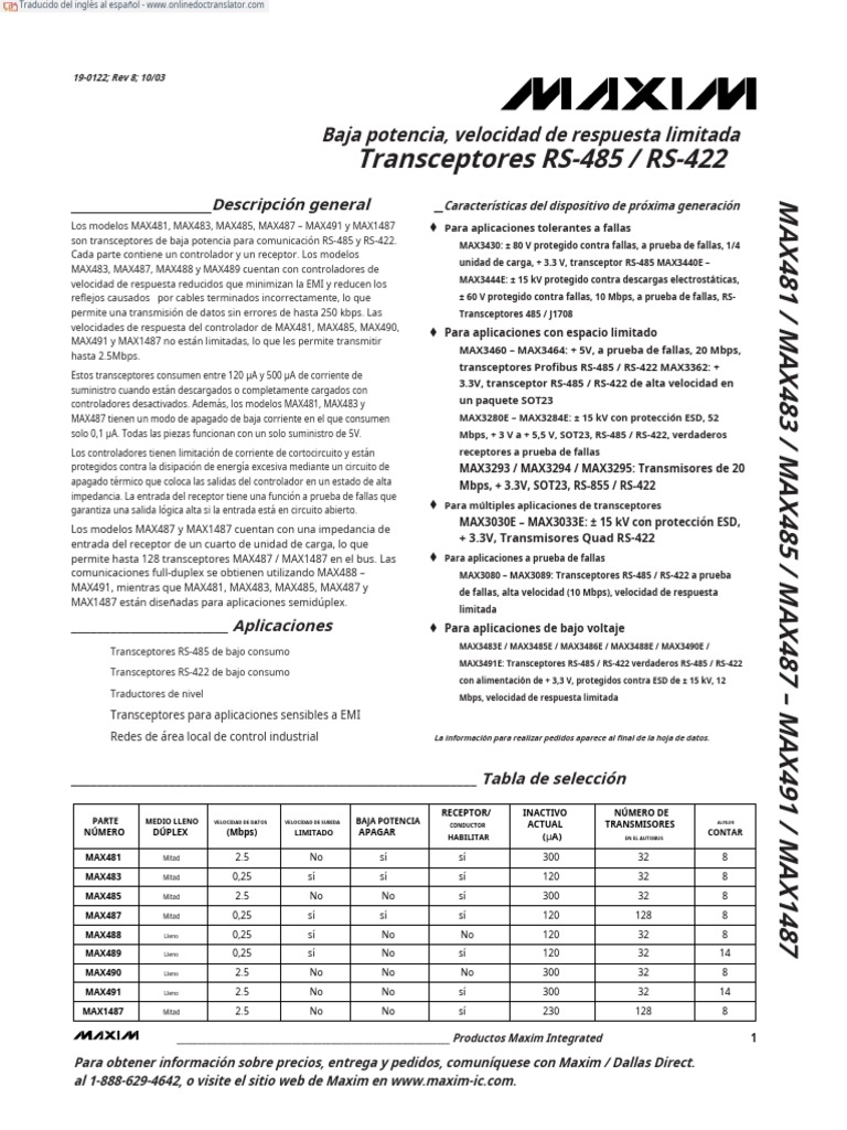 Datasheet Max487.en - Es | PDF | Telecomunicaciones | Electromagnetismo