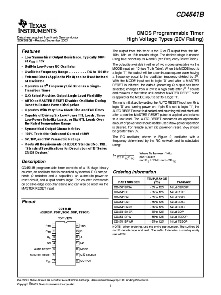 CD4541B - CMOS Programmable Timer | PDF | Electronics | Electronic Engineering
