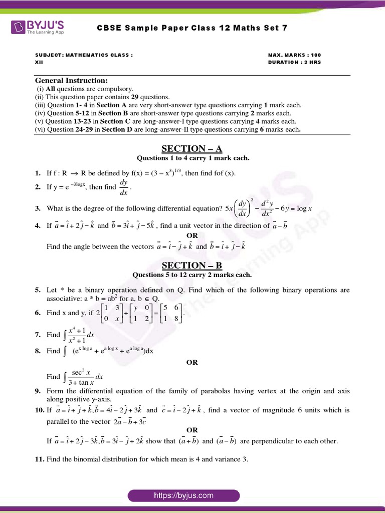 Solving Problems in Mathematics: Sample Paper for Class 12 Provides Practice with Key Concepts ...