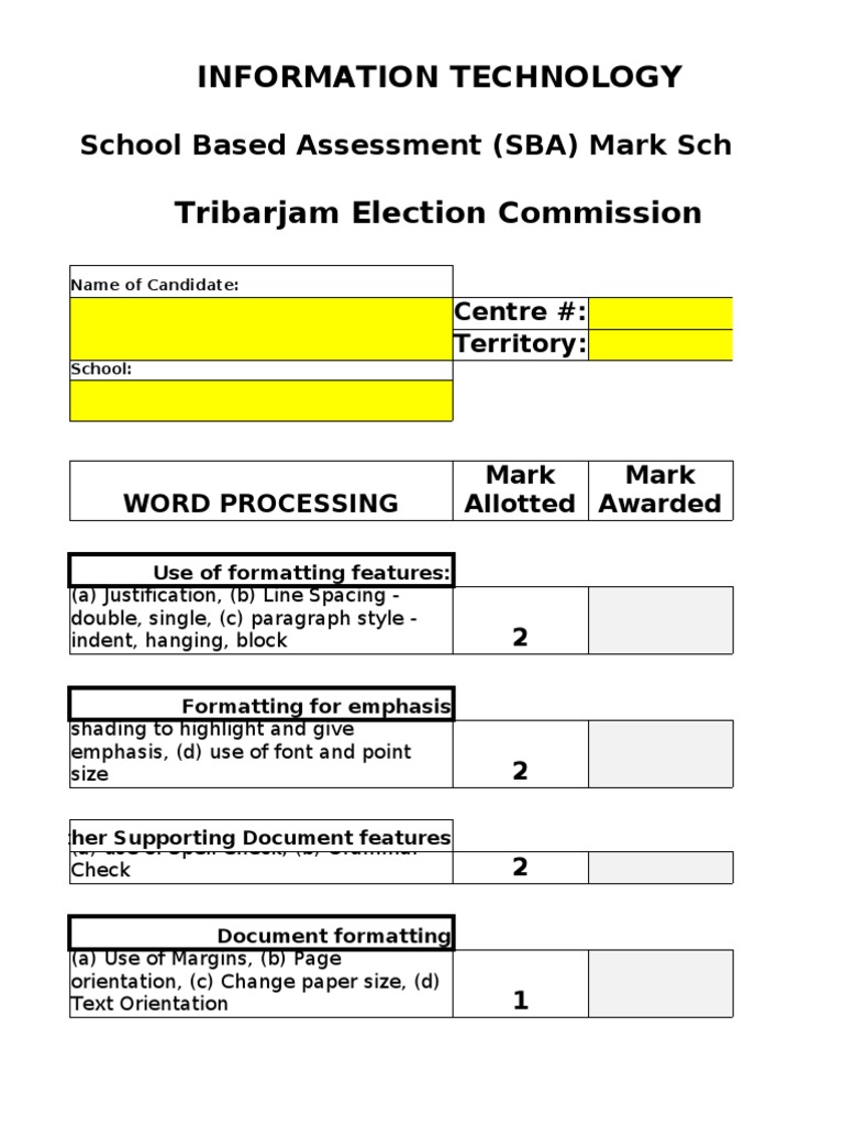 CXC Information Technology SBA Mark Scheme | PDF | Spreadsheet ...