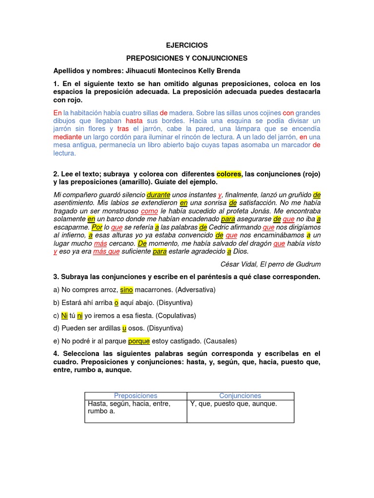 Ejercicios Preposiciones y Conjunciones | PDF