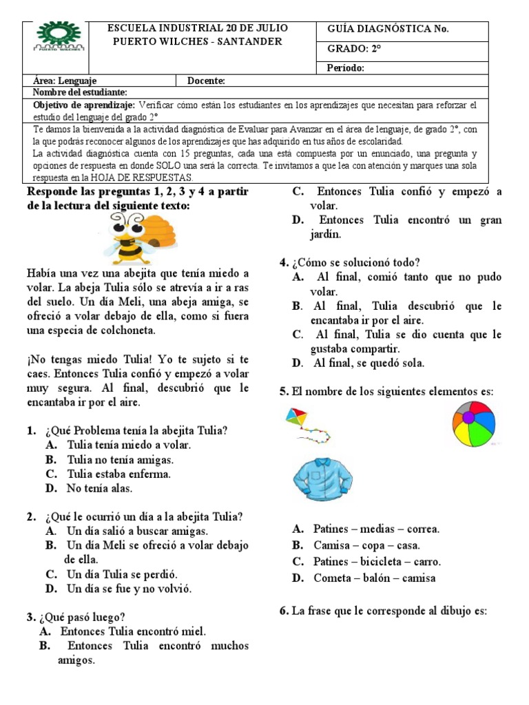 Prueba Diagnostica Lenguaje - Segundo Primer Semestre 2021 | PDF