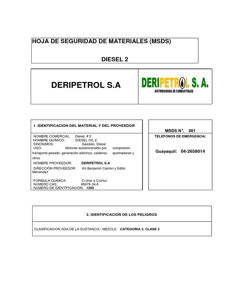 MSDS DIESEL 2 Deripetrol | PDF | Agua | Residuos