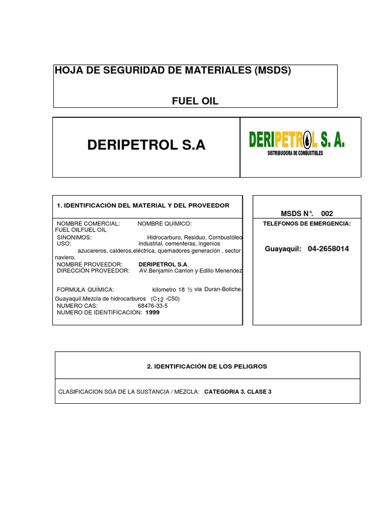 MSDS Fuel Oil 4. - (11 Enero 2017) Deripetrol | PDF | Agua | Residuos