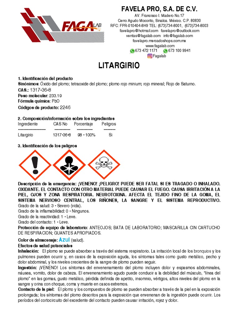 Ficha de Seguridad del Litargirio | PDF | Veneno | Dirigir