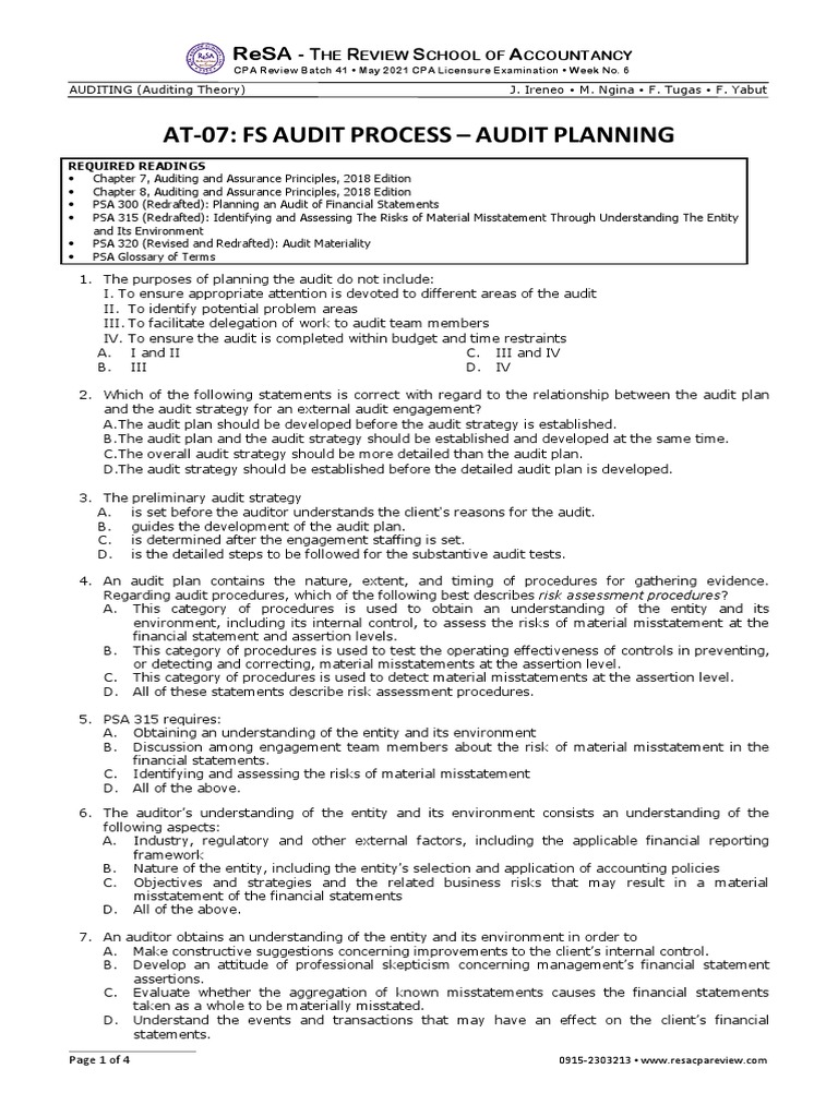 At 07 FS Audit Process Audit Planning 1 | PDF | Audit | Internal Control