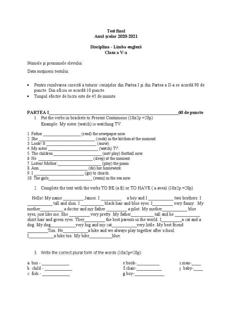 Test Initial Engleza A 5 A | PDF | Language Mechanics | Syntax