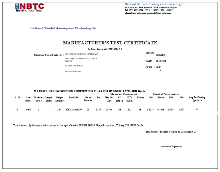 Manufacturer'S Test Certificate: National Builtech Trading and ...