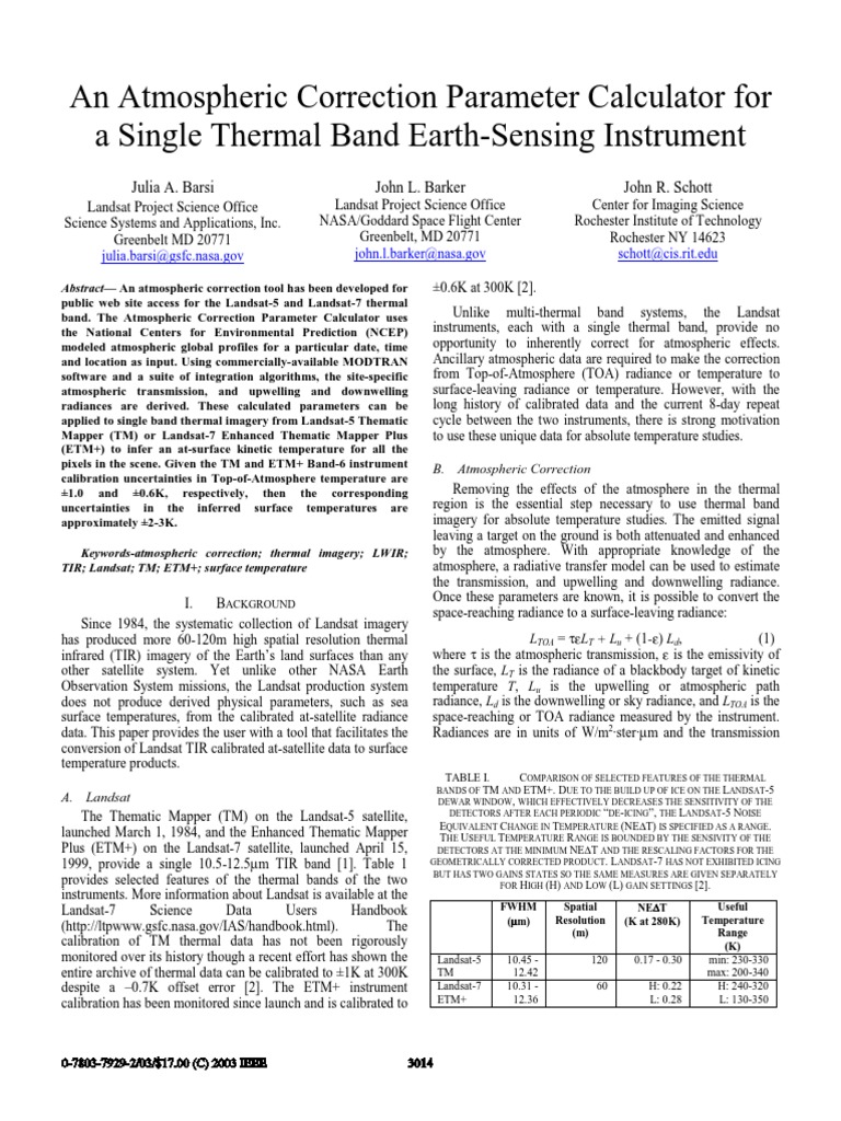 An Atmospheric Correction Parameter Calculator For A Single Themal Band ...