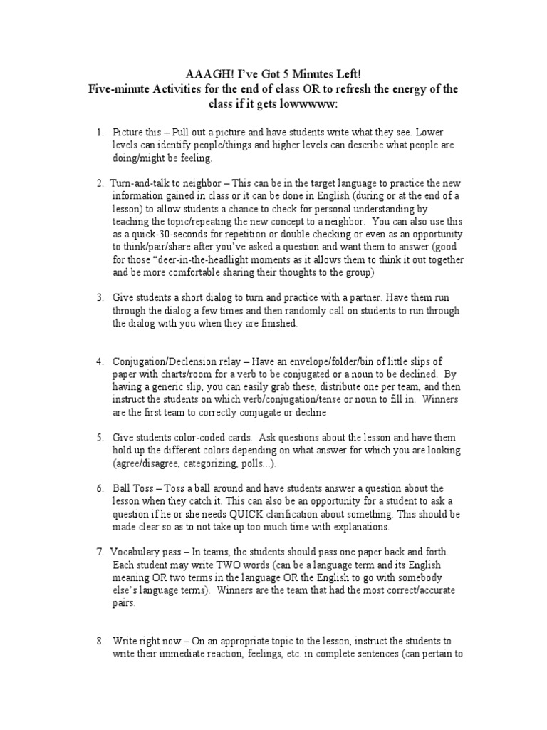 Engaging 5-Minute Classroom Activities | PDF | Vocabulary | Question