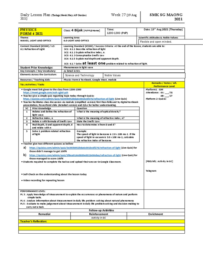 Lesson Plan Pdf Refraction Lesson Plan