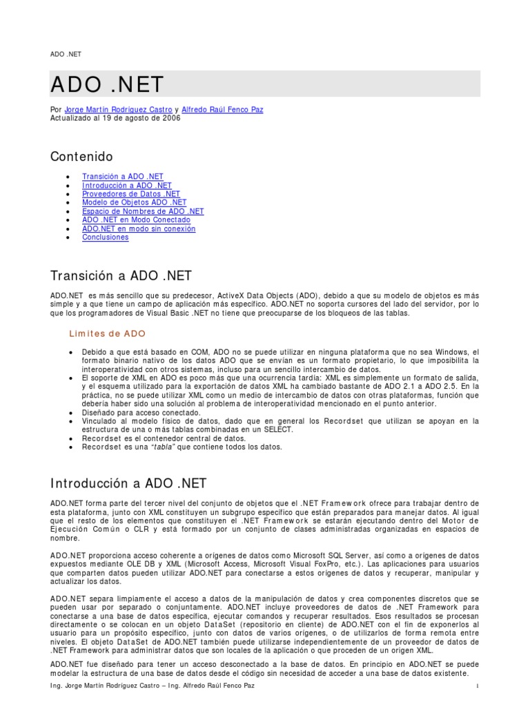 Introducción a ADO .NET y Proveedores | PDF | Active X Data Objects ...