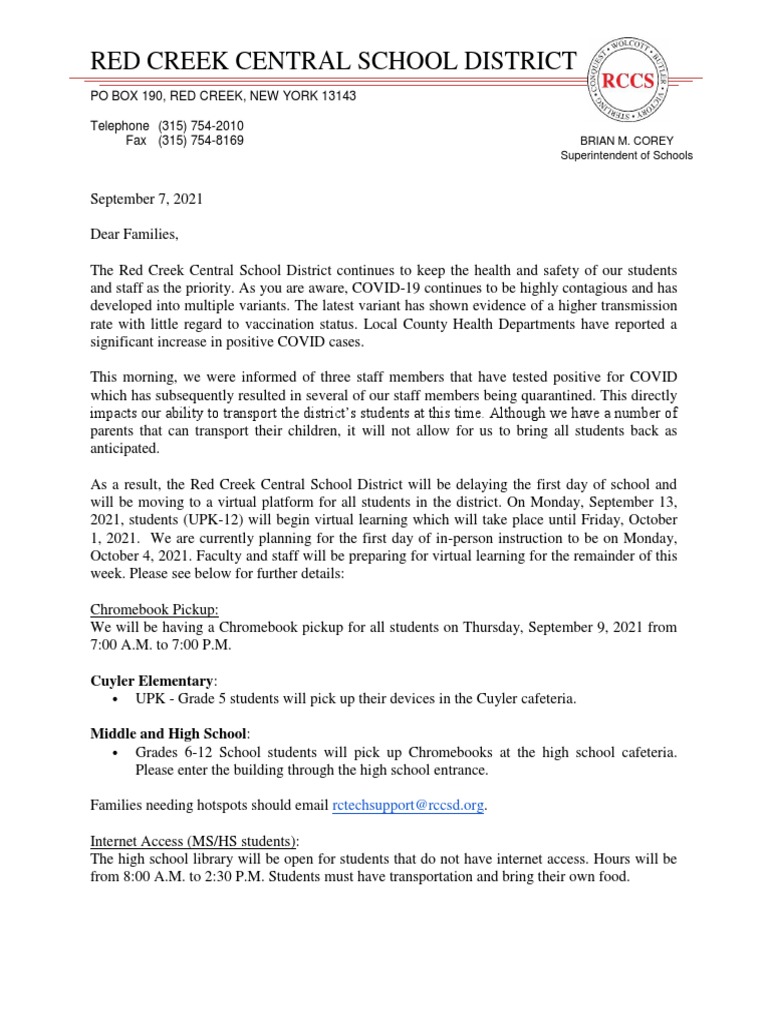 September 7/20/21 Letter From Superintendent Brian Corey | PDF | Health ...