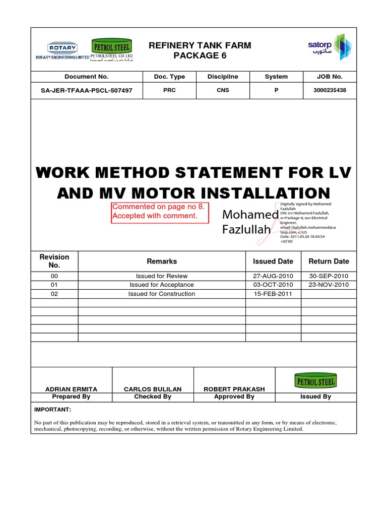 Rev02-Work Method Statement For LV and MV Motor Installation | Download ...