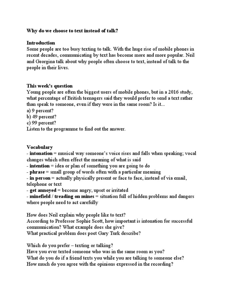 Why Do We Choose To Text Instead of Talk | PDF | Text Messaging ...