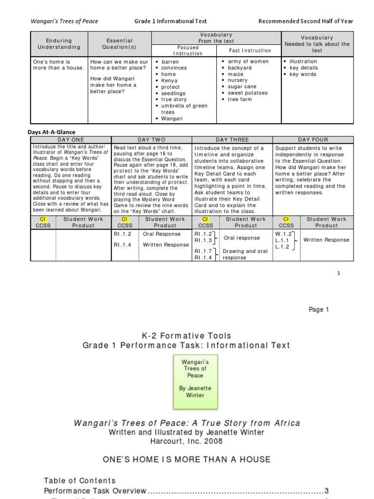 Wangari's Trees of Peace: Grade 1 Informational Text Recommended Second ...