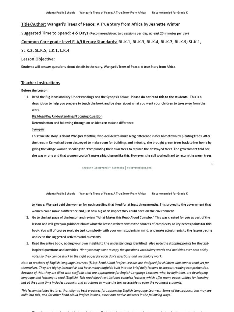 Wangari's Trees of Peace Lesson Plan | PDF | Vocabulary | Trees