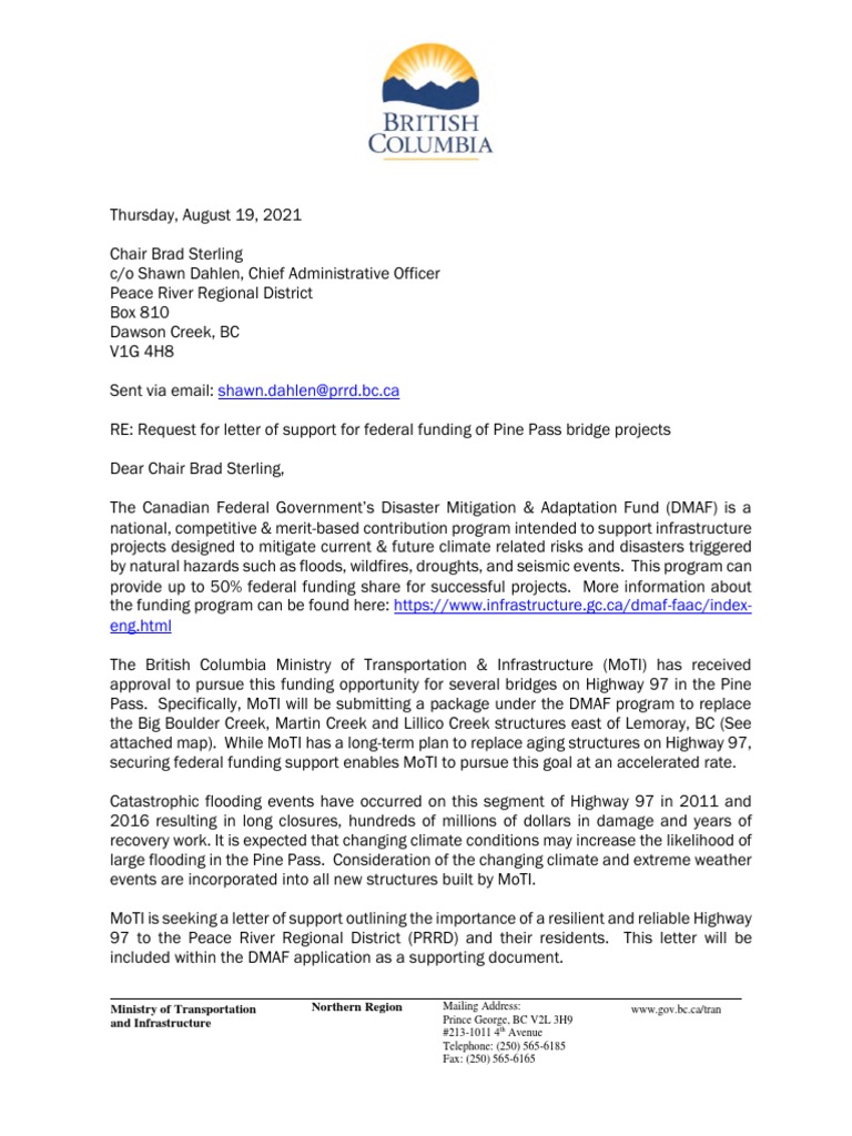 MoTI - Letter of Support For Federal Funding of Pine Pass Bridge ...