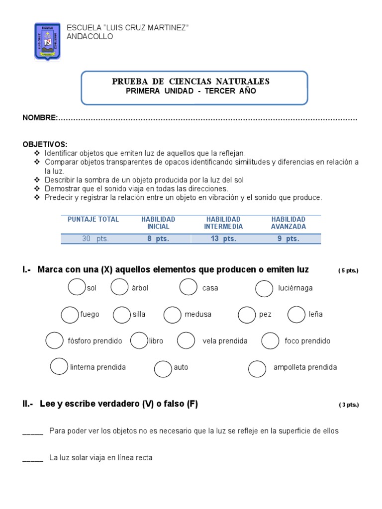 Prueba Cs - Nat. Tercero | PDF | Ligero | Sonido