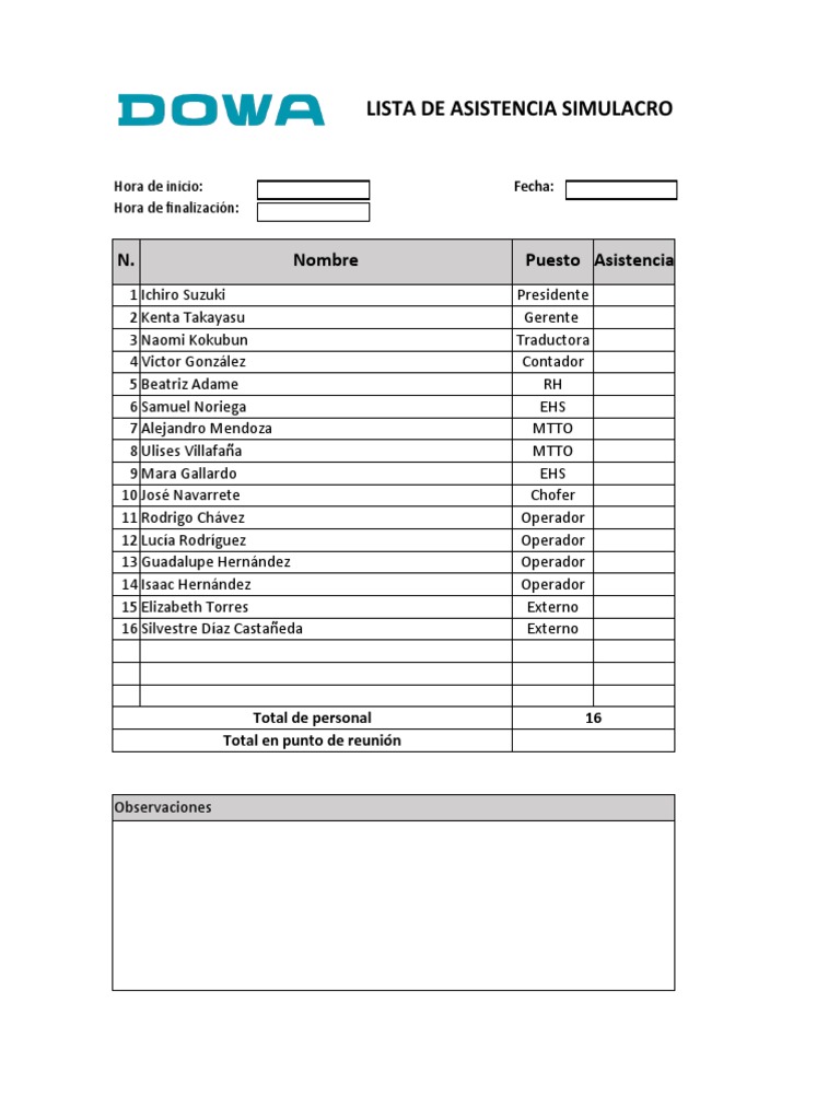 Lista de Asistencia Simulacro | PDF