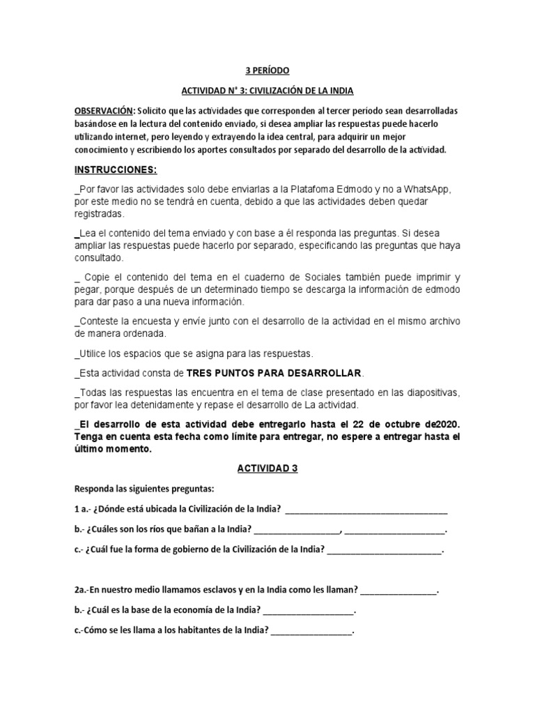 3 Actividad, Civilización de La India Grado 6° - 3 Período | PDF