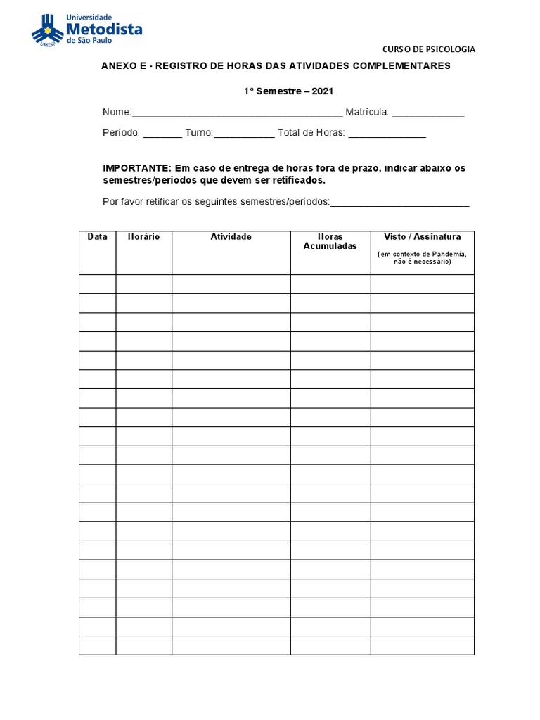 Formulário de Registro de Horas de Atividades Complementares | PDF