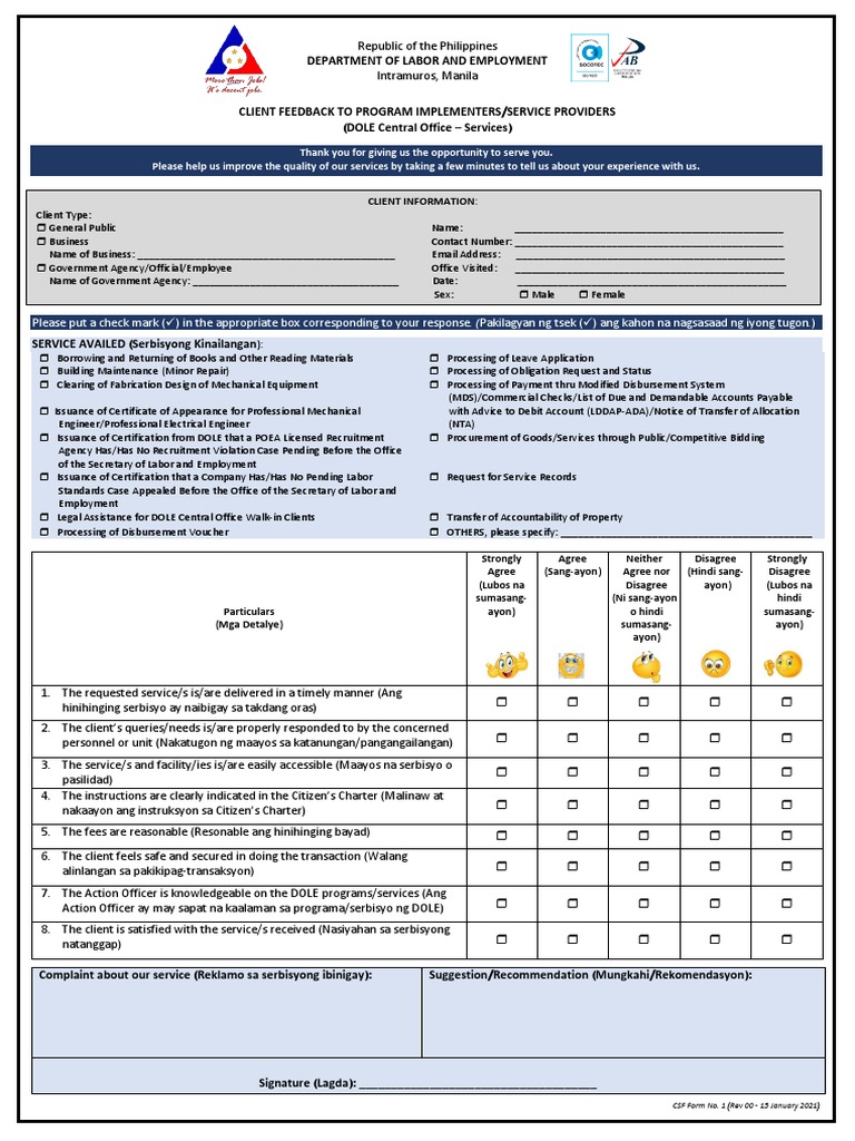 CSF Form No. 1 DOLE Central Office | PDF | Employment | Business