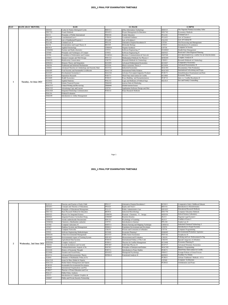211 Pop Exam Timetable | PDF | Economics | Science