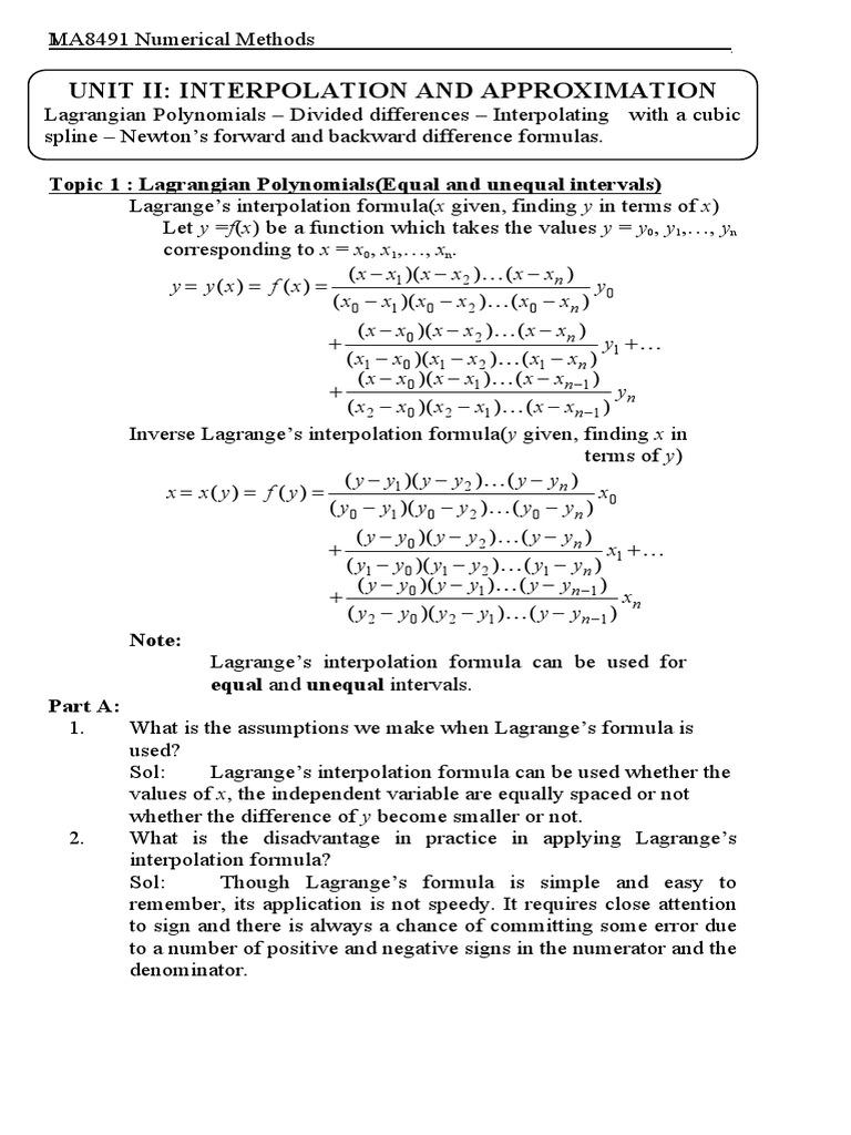 Unit Ii: Interpolation and Approximation: XXXX XX Yyx FX y X XX X X X | PDF | Interpolation ...