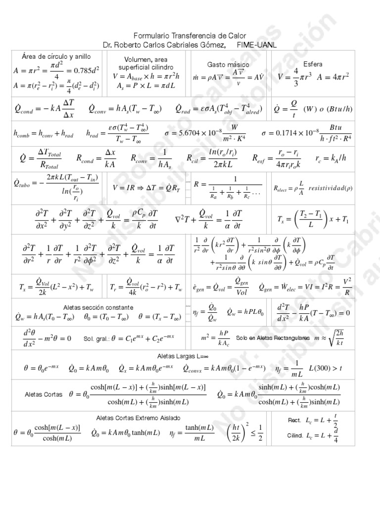 Formulario - Transferencia de Calor 2021 | PDF