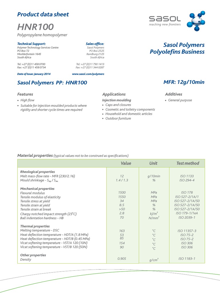 Product Data Sheet: Sasol Polymers PP: HNR100 MFR: 12g/10min | PDF ...