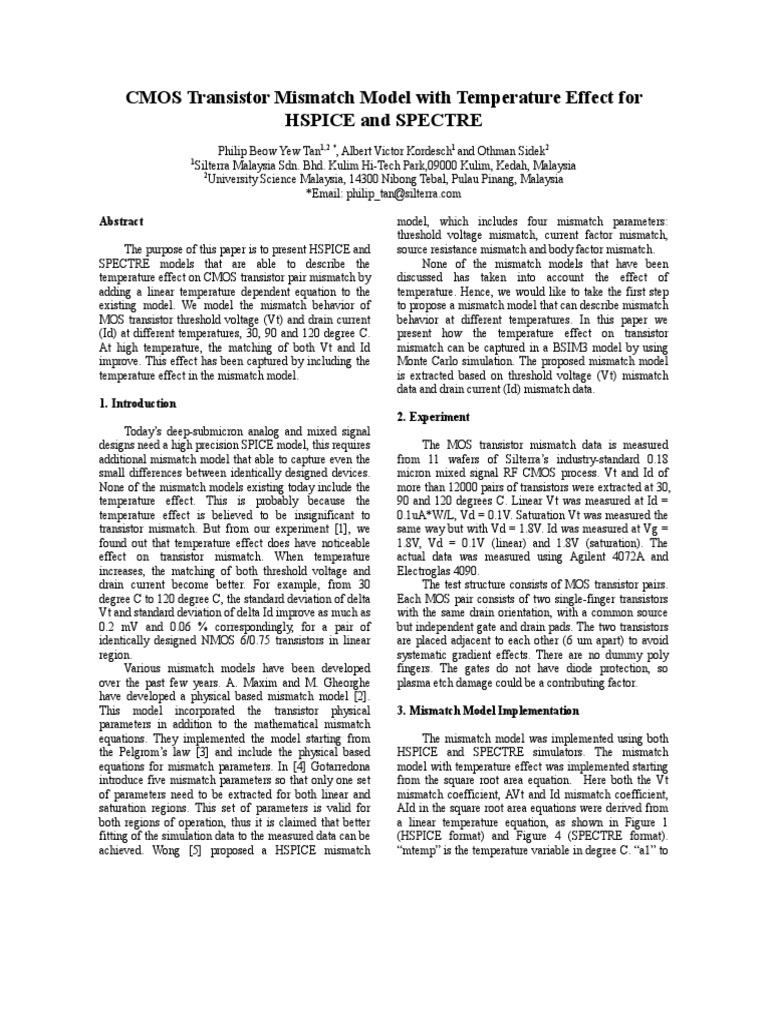 CMOS Temp Mismatch Model | PDF | Spice | Mosfet