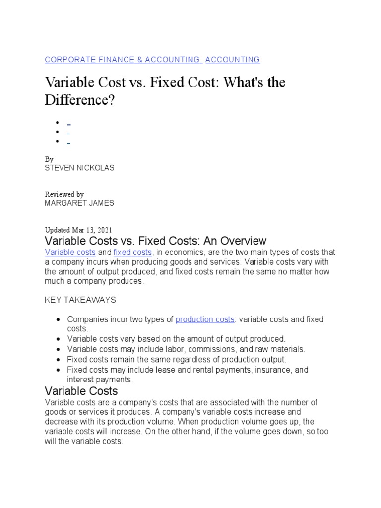 Variable Cost vs. Fixed Cost: What's The Difference? | PDF