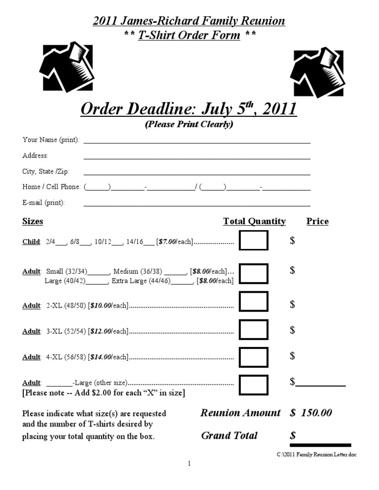 2011 Family Reunion T-Shirt Order Form | PDF | Cooking, Food & Wine