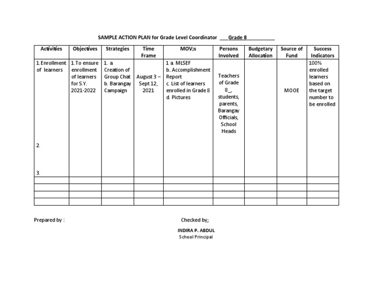 SAMPLE ACTION PLAN For Grade Level Coordinator | PDF