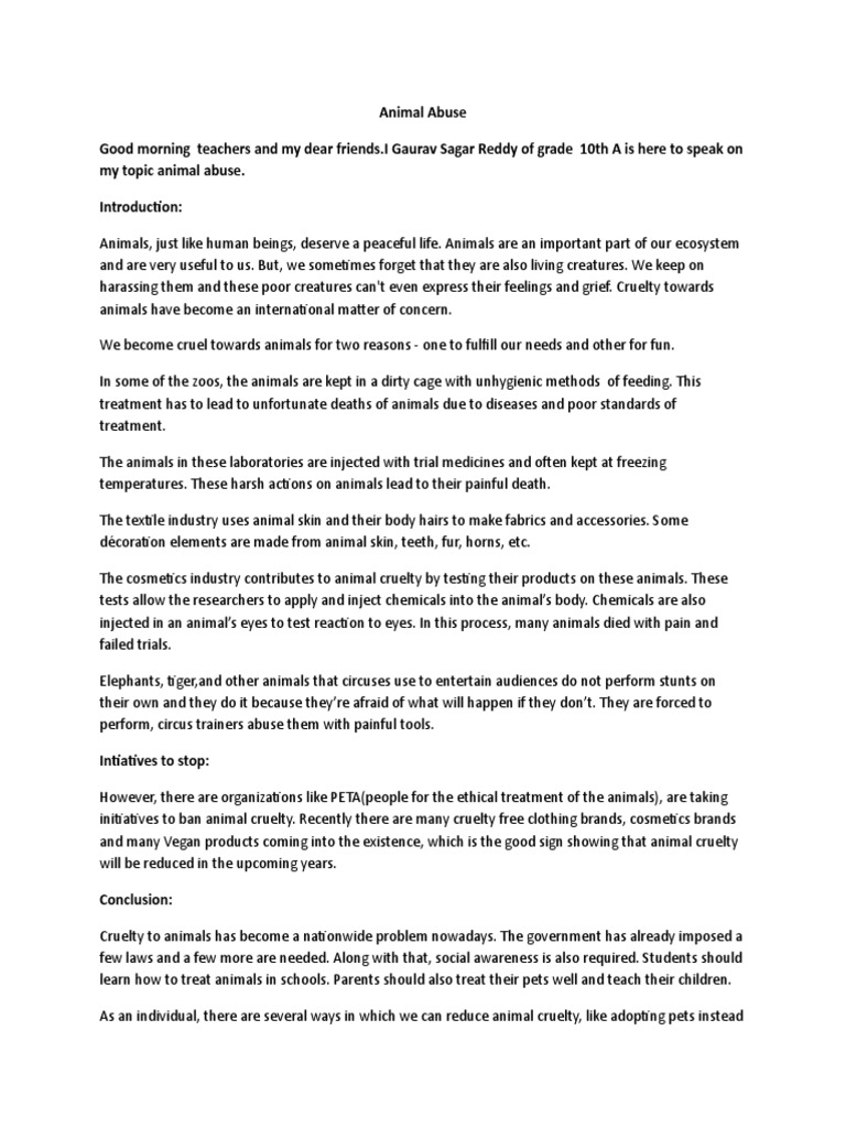 Animal Abuse Speech | PDF | Cruelty To Animals | Animals And Humans