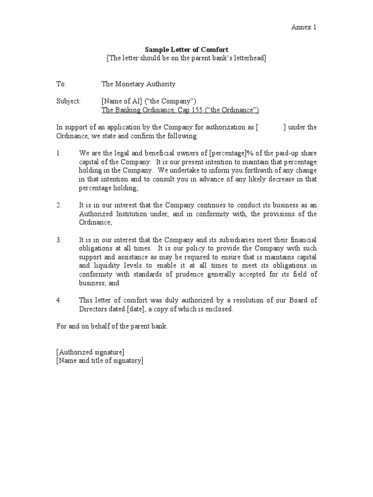 Sample Letter of Comfort