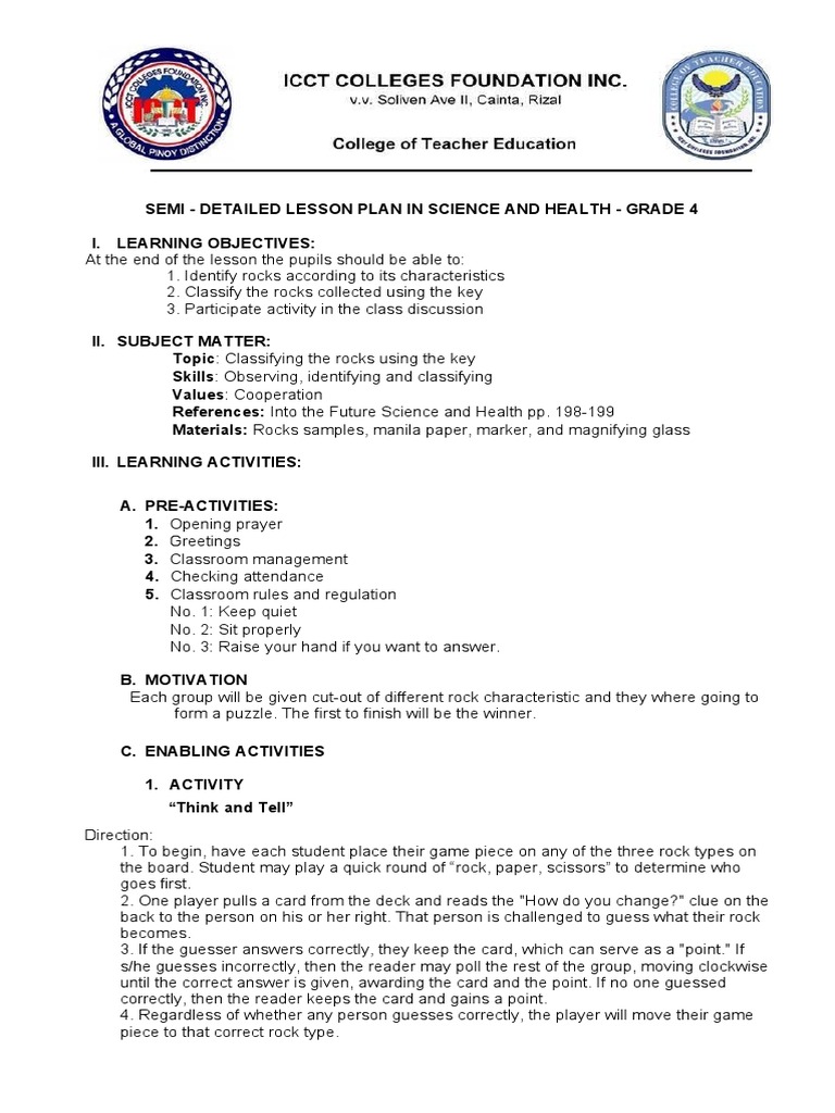 Lesson Plan Science 4 Classifying Rocks | PDF | Rock (Geology) | Petrology